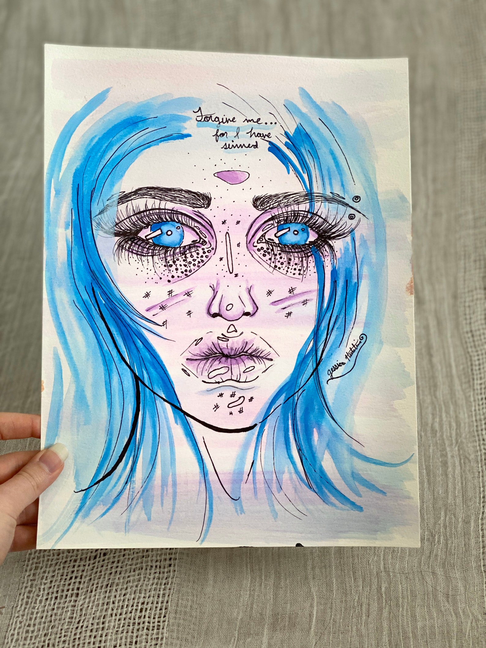 Female Portrait Watercolor Painting Sad Girl Art Pen and Ink - Etsy