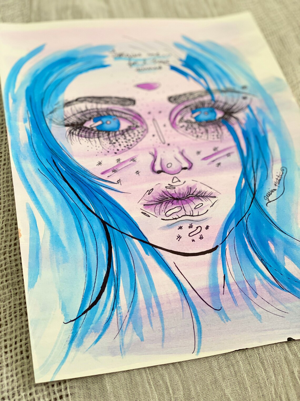 Female Portrait Watercolor Painting Sad Girl Art Pen and Ink | Etsy