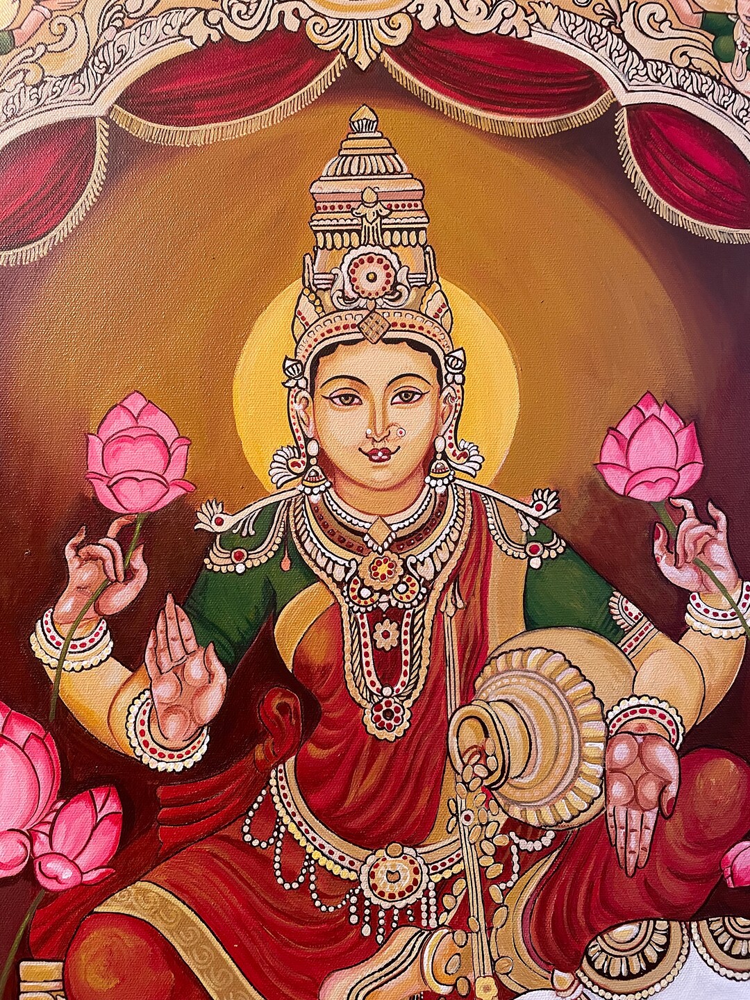 Goddess Gaja Laxmi Painting, Original Painting, Asian Wall Decor, Hindu ...