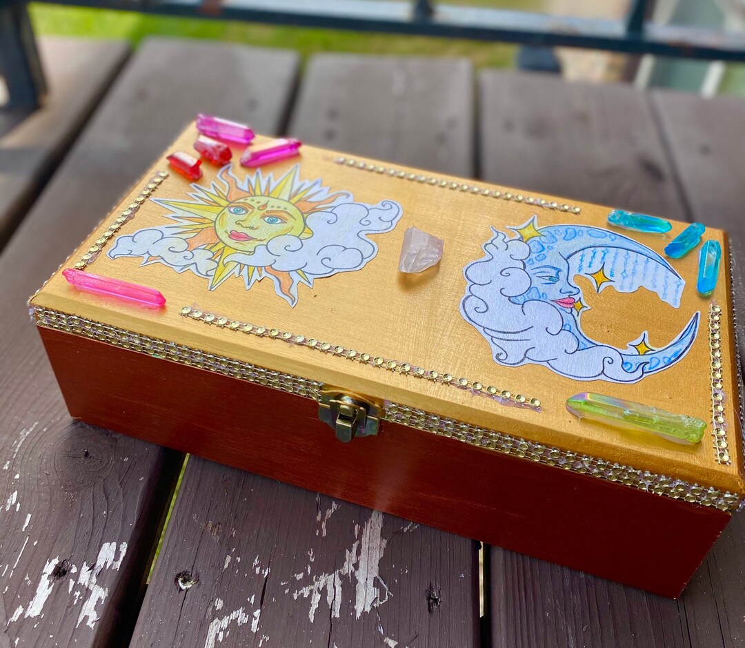 Hand Painted Upcycled Treasure Box With Real Rainbow Quartz & Lined ...