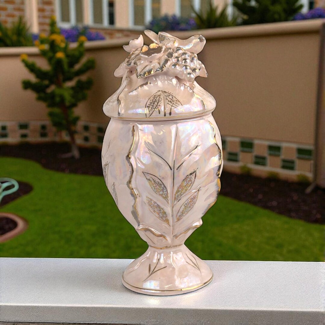Vintage Pink Lusterware Compote Jar: Bird & Gold Trim Ceramic Candy ...