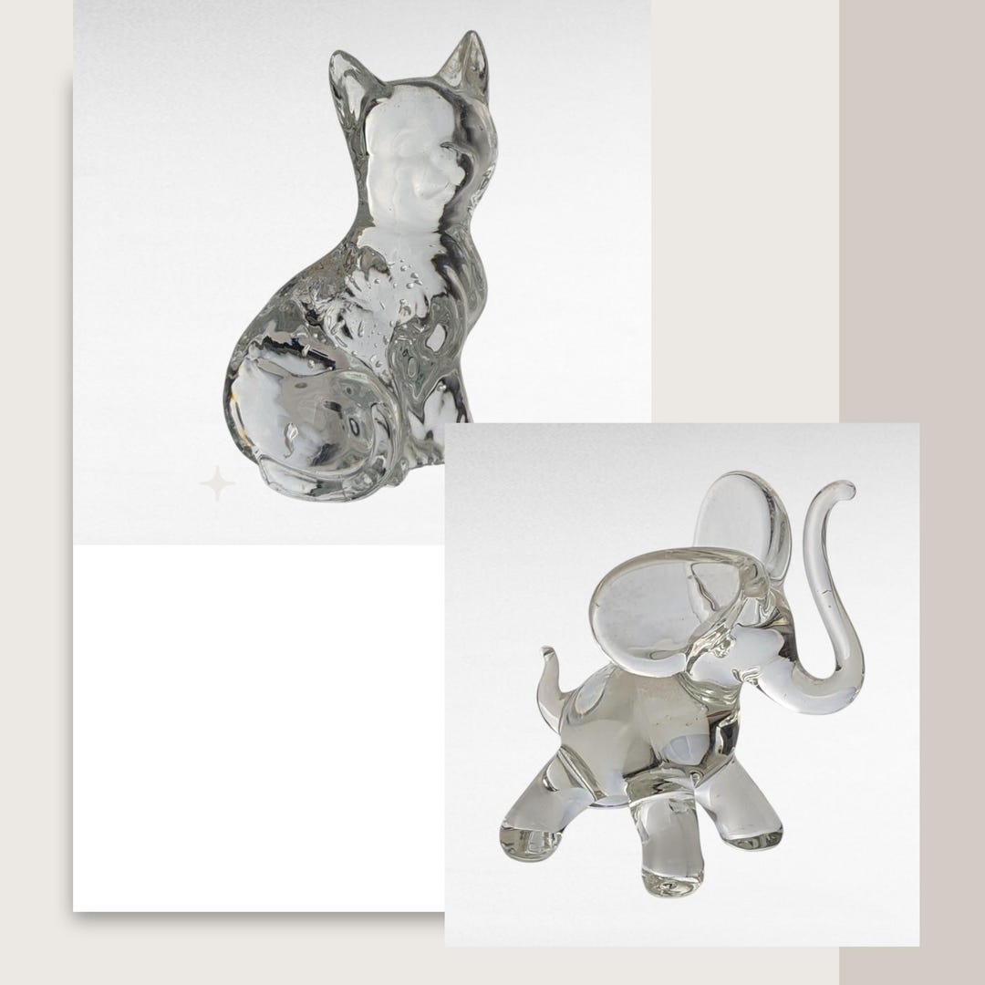 Vintage Glass Animal Figurines - Cat & Elephant Set - Clear Glass Decor ...
