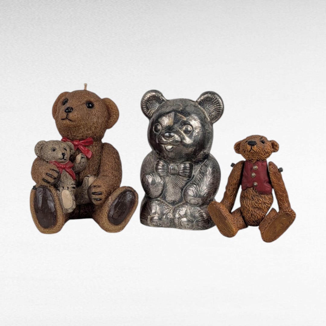 Vintage Teddy Bear Decor, Metal Bank, Resin Figurine, Bear Candle ...