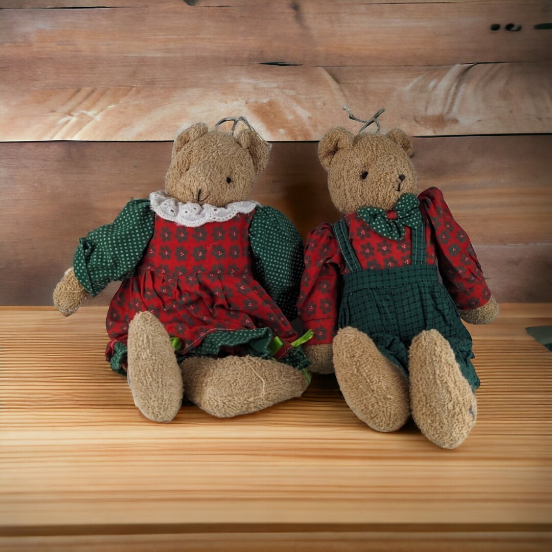 Vintage 12 Teddy Bear Couple in Green and Red Retro Plush Toys ...