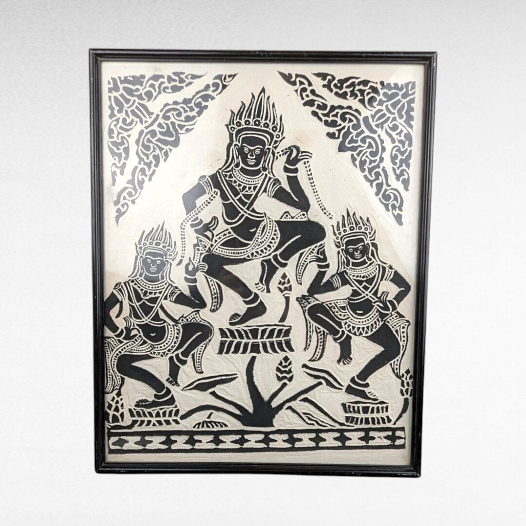 Vintage Framed Thai Goddess Rice Paper Art, Asian Wall Decor, Black and ...