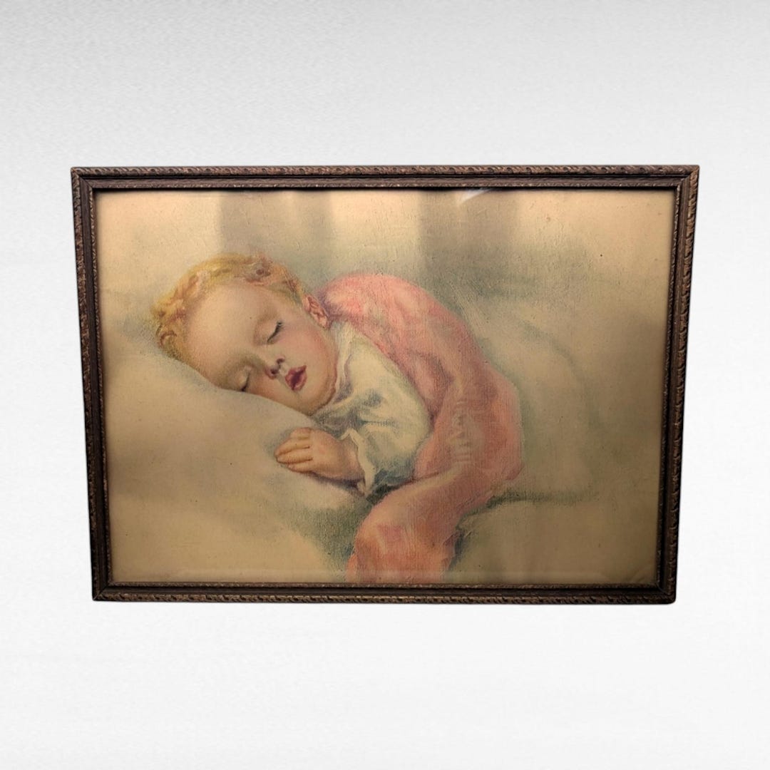 Vintage Bessie Pease Gutmann Baby Print, Framed Nursery Art, Sleeping ...
