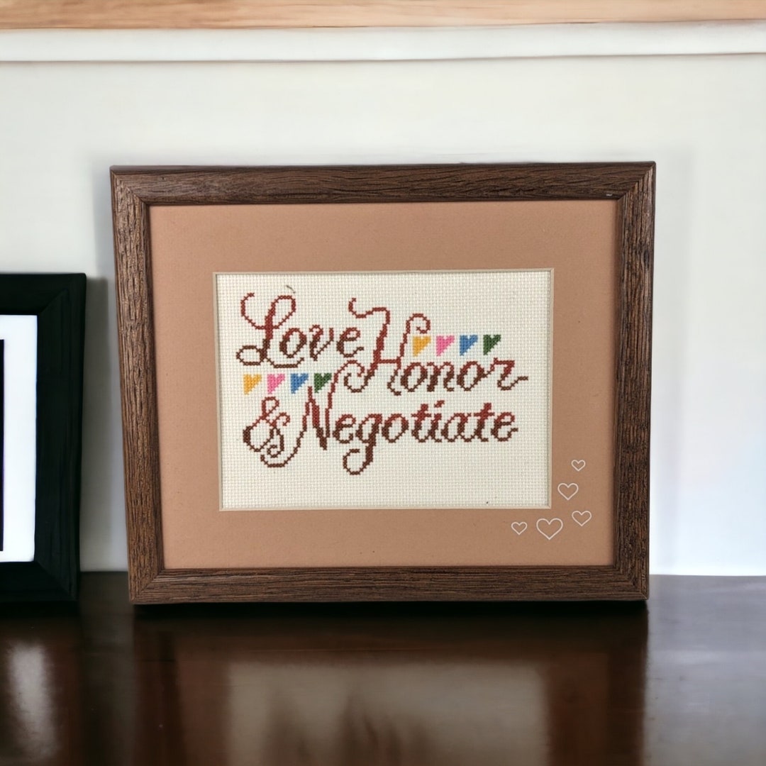 Vintage Framed Cross Stitch love, Honor, & Negotiate Humorous Wall ...