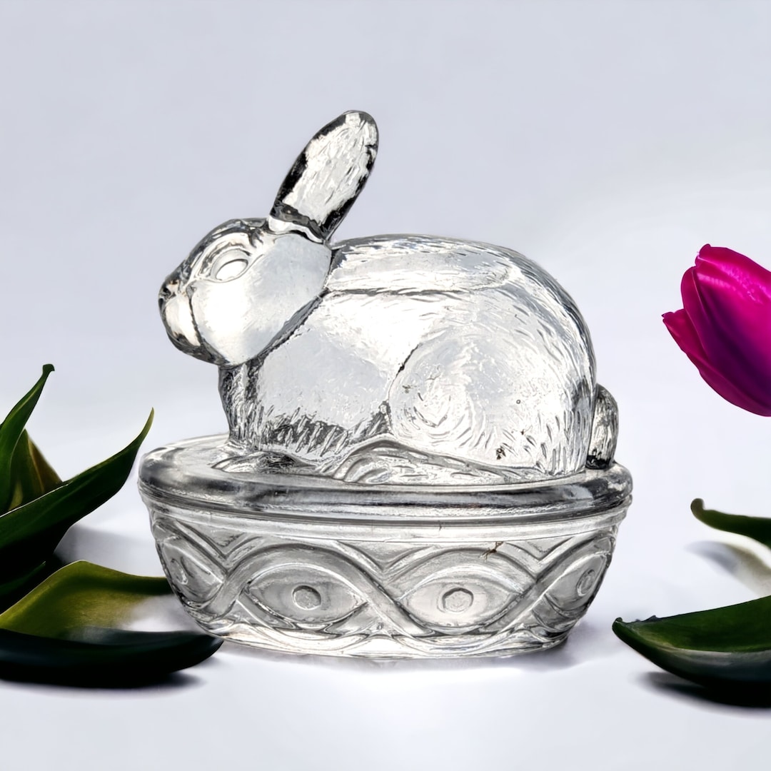 Vintage Galerie Clear Glass Bunny Trinket Box 5 Tall Bunny Figurine Lid ...