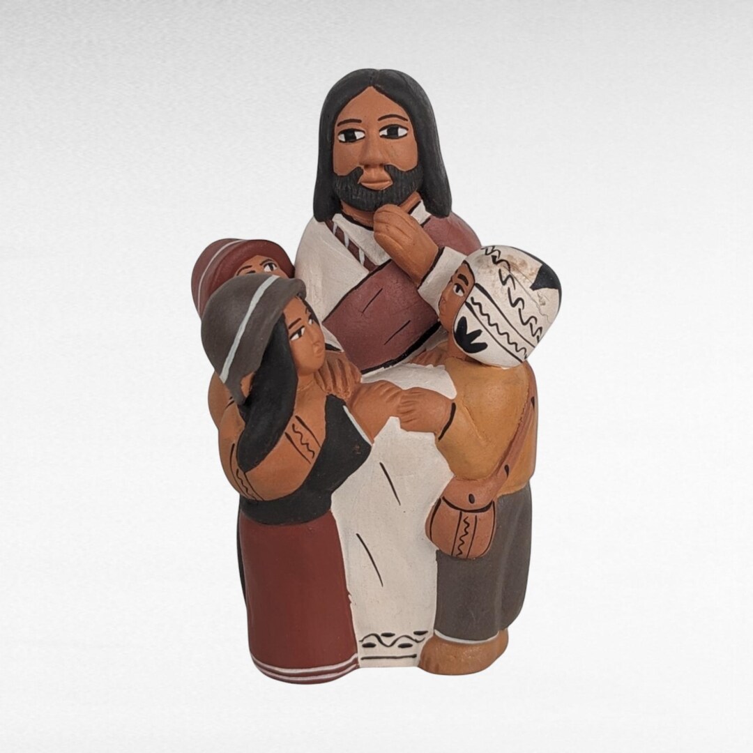 Peruvian Clay Art Jesus With Children Figurine | Religious Folk Art ...
