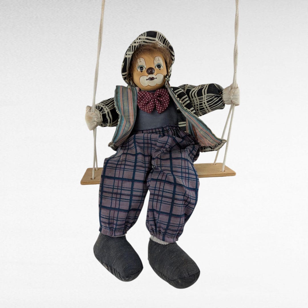 Vintage Plaid Clown on Swing, 25" Hanging Doll, Colorful Clown Decor ...