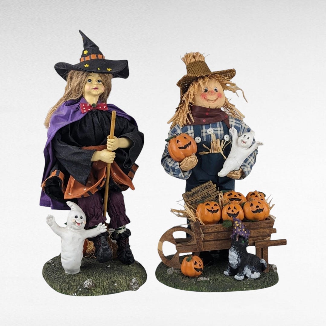 Vintage 13" Fabric Mache Scarecrow and Witch Figurines | Halloween ...