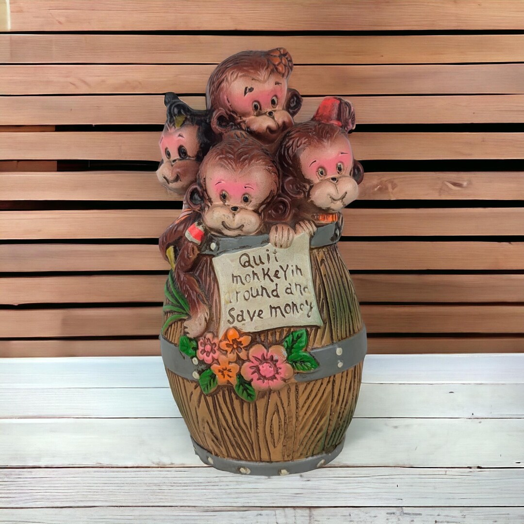 Vintage Barrel of Monkeys Bank, Ceramic Monkey Bank, Quirky Piggy Bank ...