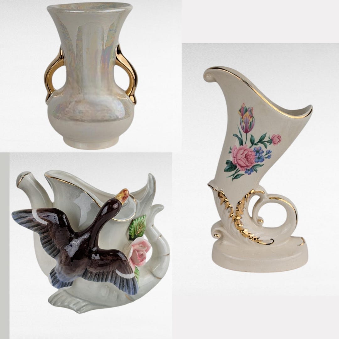 Vintage Ceramic Vases, Watering Can Vase, Duck Vase, Iridescent Vase ...