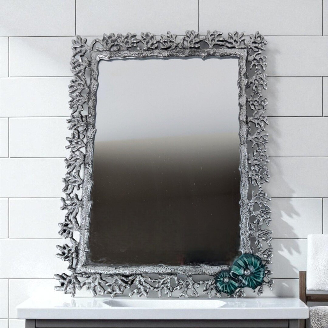 Vintage Pier One Metal & Enamel Mirror, Aqua Conch Shell Accent ...