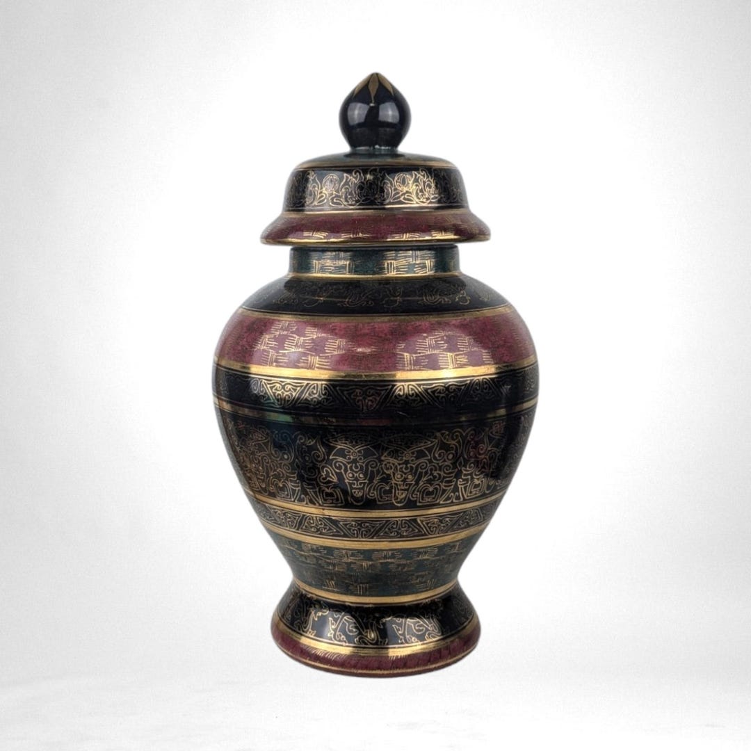 Vintage Andrea by Sadak Ginger Jar, Black and Red Porcelain Urn, Gold ...