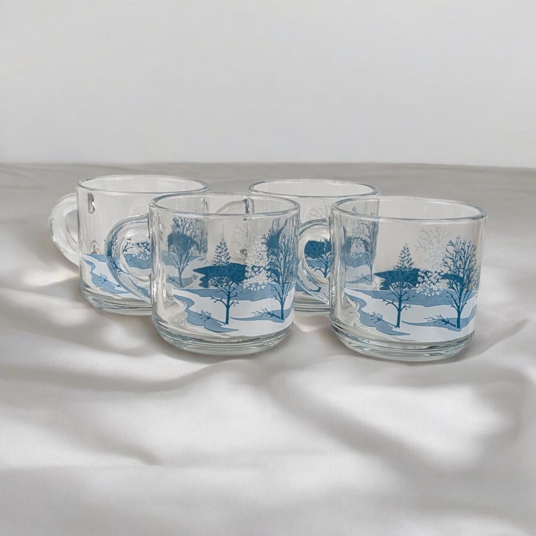 Anchor Hocking Winter Scene Mugs Set of 4 Blue and White Vintage Coffee ...