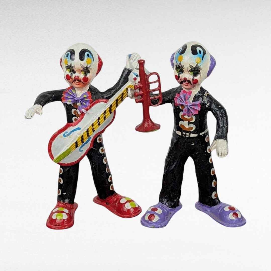 Vintage Mexican Paper Mache Clown Figurines, Musician Clowns, Folk Art ...