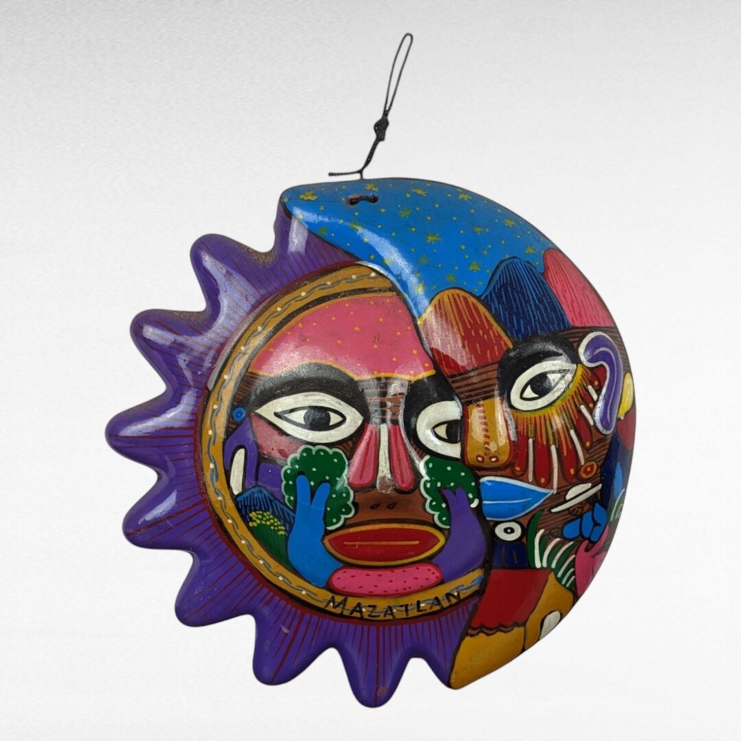 Mexican Folk Art Sun and Moon Wall Hanging, Terracotta, Hand-painted, 9 ...
