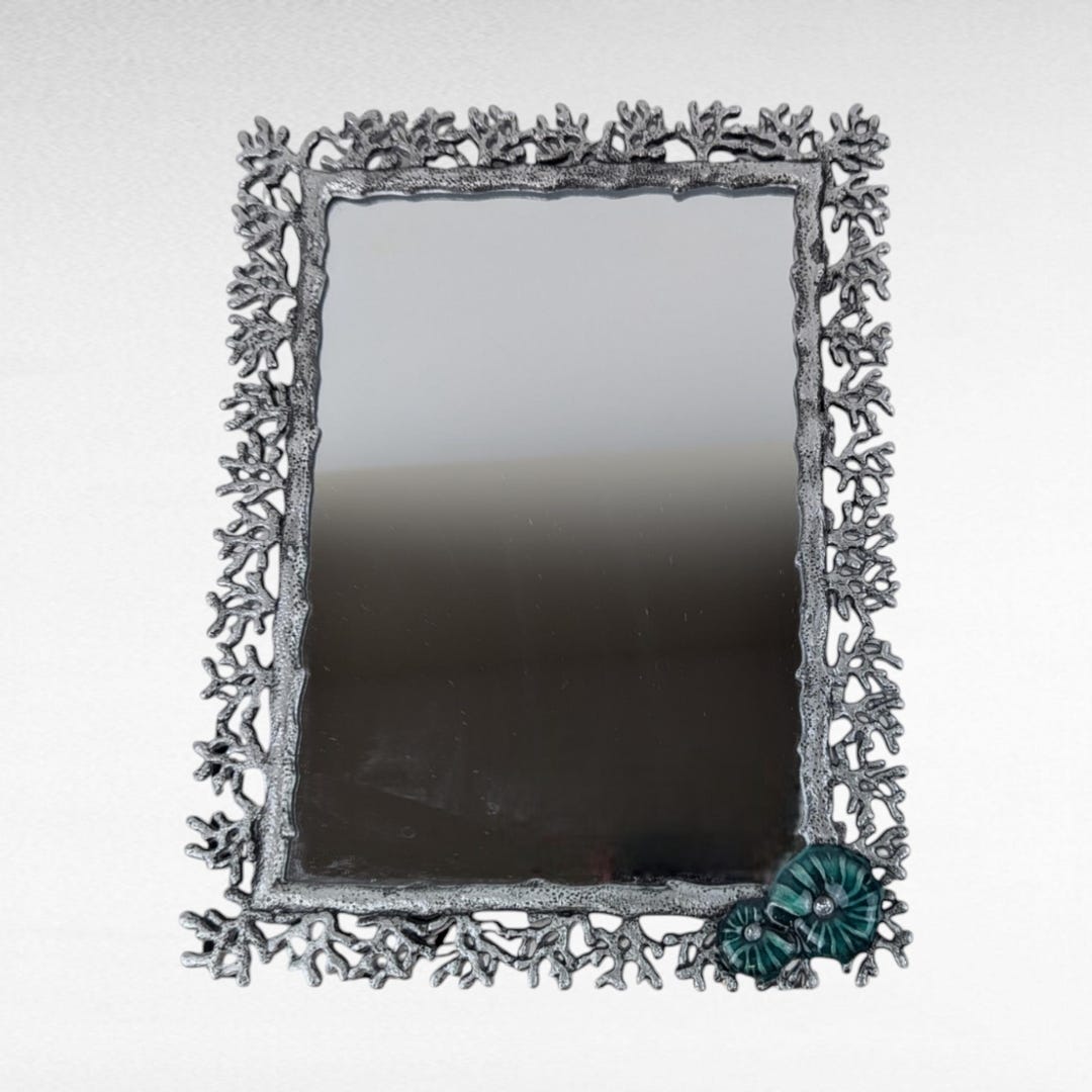 Vintage Pier One Metal & Enamel Mirror, Aqua Conch Shell Accent ...