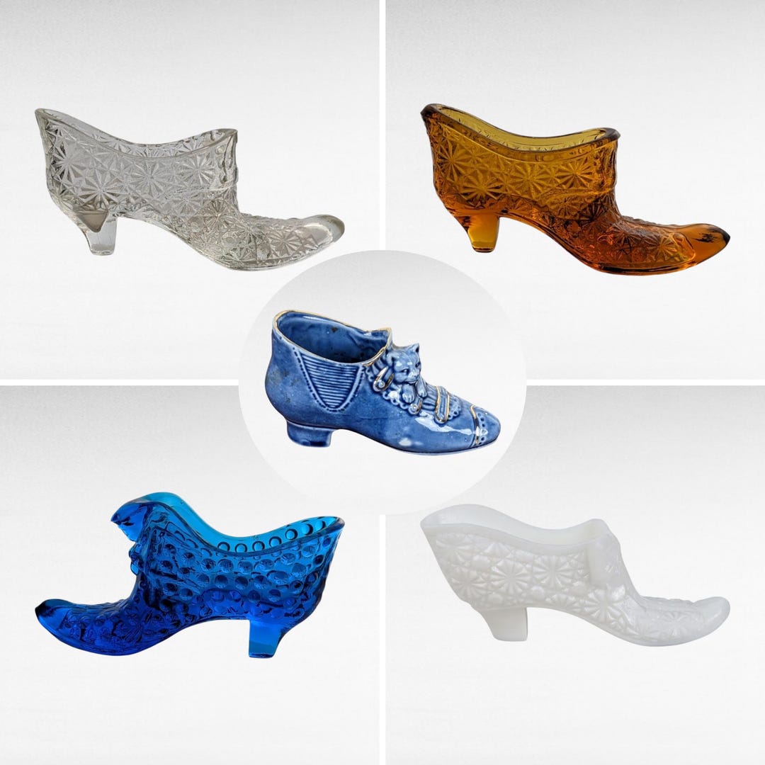 Vintage Shoe Figurine Lot, Glass Slippers, Fenton Cat Shoe, Daisy ...