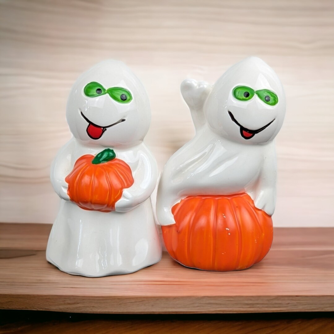 Vintage Ceramic Ghosts With Green Eyes, Halloween Figurine, Pumpkin ...