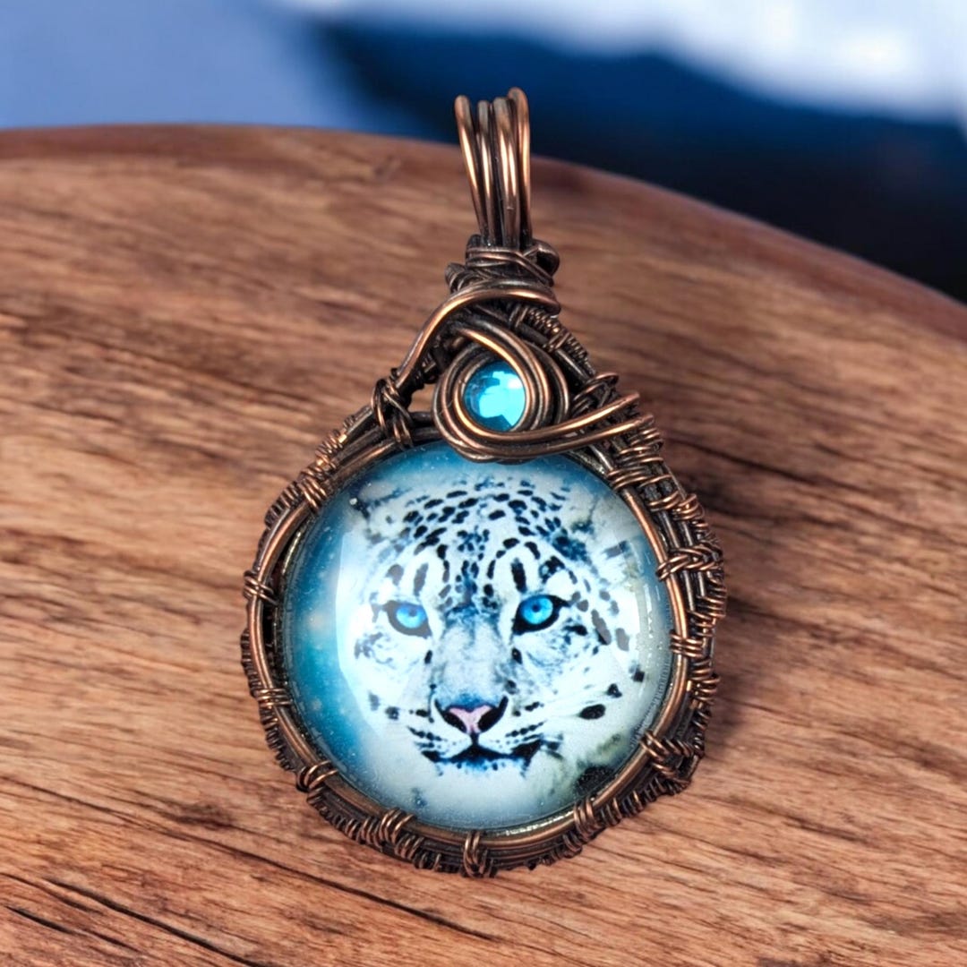 Handmade Snow Leopard Pendant Copper Wire Wrapped Blue Accent Nature ...