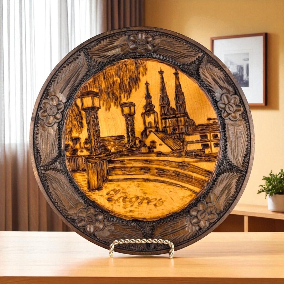 Vintage Carved Wood Burned Plate: Zagreb Cityscape, Romanian Folk Art ...