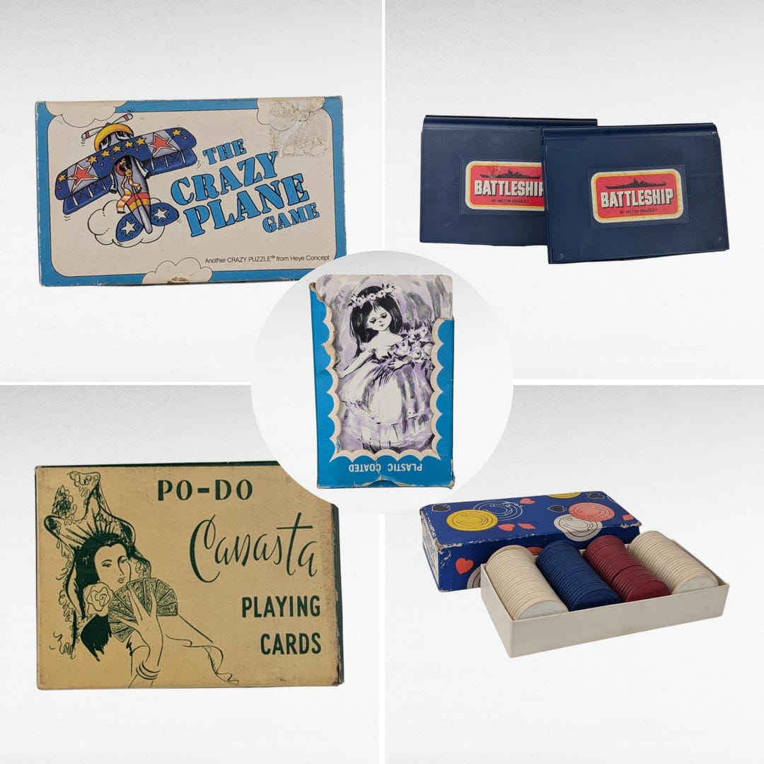 Vintage Game Lot: Battleship, Horse Shoes, Canasta Cards, Crazy Plane ...