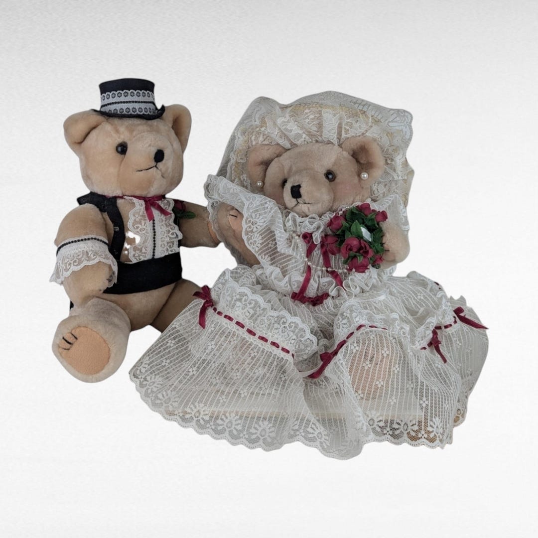Vintage Plush Posable Bride & Groom Teddy Bears, Wedding Bears ...