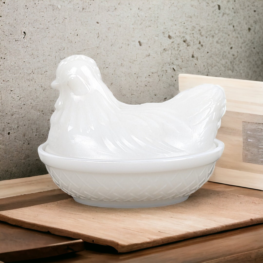 White Glass Hen on Nest Trinket Dish: Whimsical Storage and - Etsy