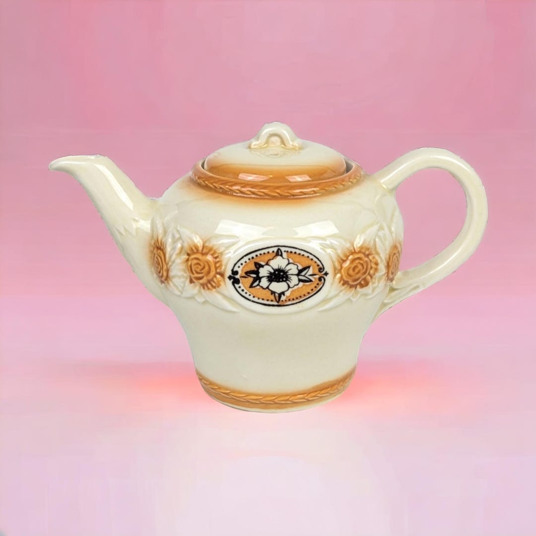 Vintage Porcelier Teapot Brown Medallion & Sunflower Design Cream ...