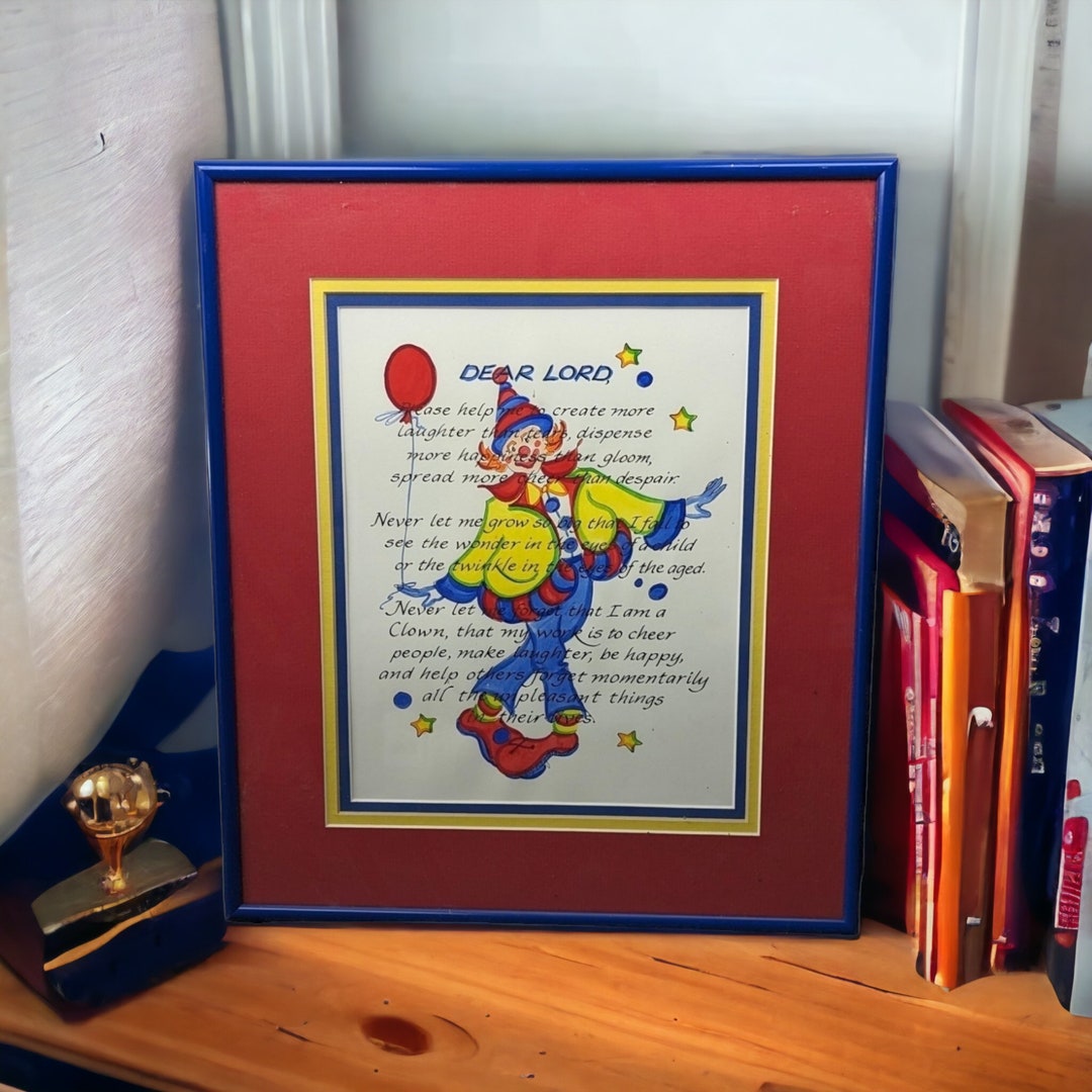 Clown Art With Prayer | Framed Vintage Picture | 15x13" | Whimsical ...