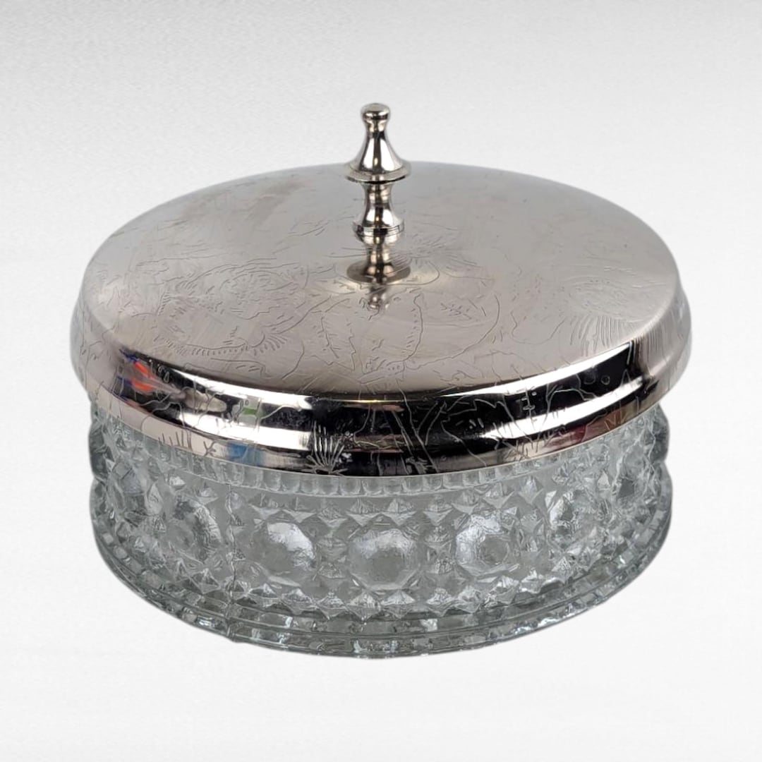 Vintage Glass Powder Dish With Metal Lid, Crystal Cut Vanity Jar ...