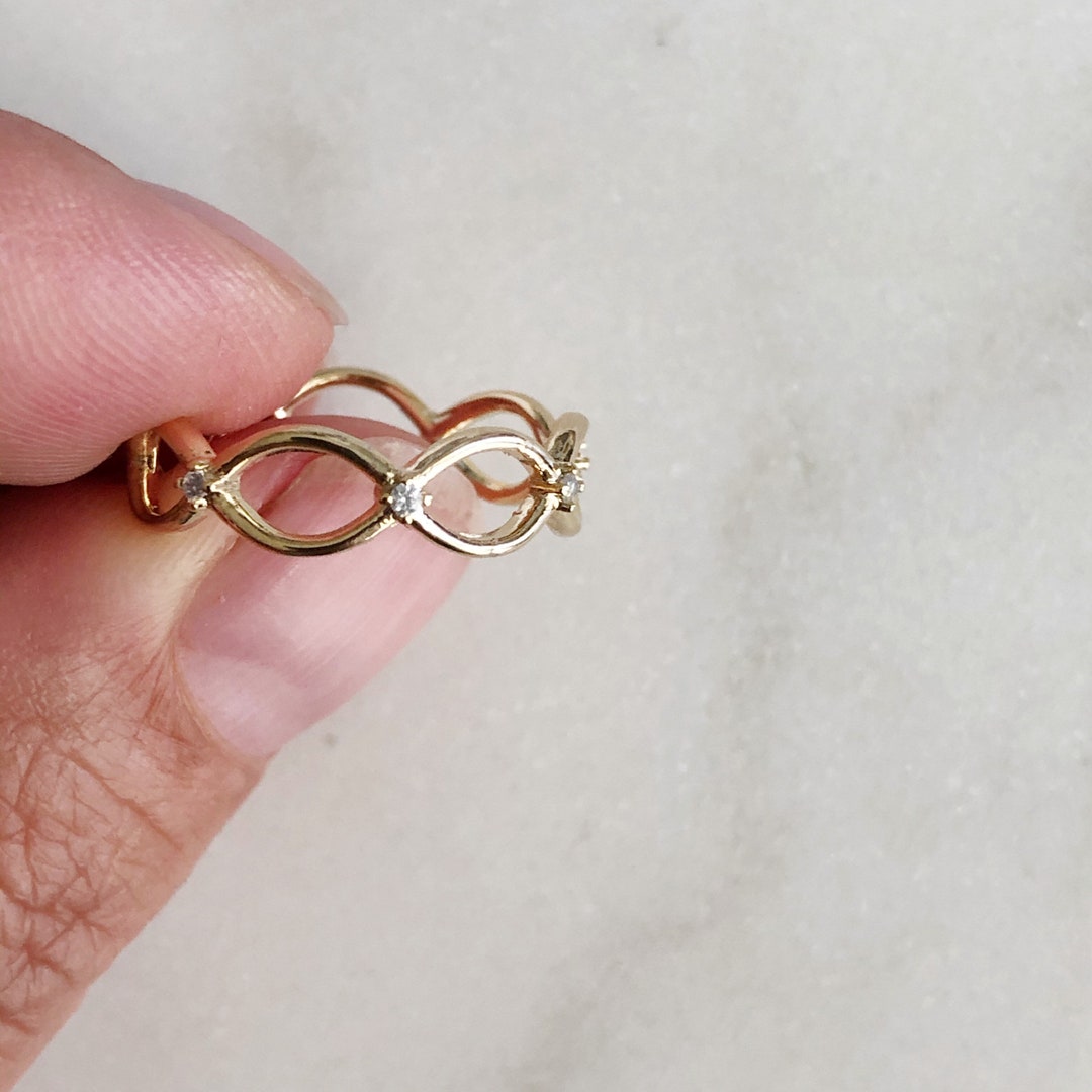 Adjustable 18K Gold Twist Band Ring CZ Paved, Double Helix Band Ring ...