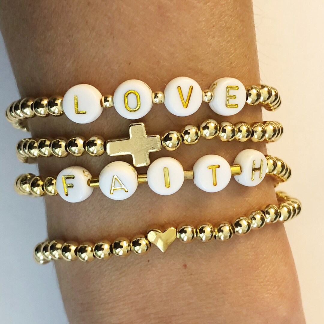 BESTSELLER Custom Faith Gold Beaded Bracelets, Cross Bead Stretch ...