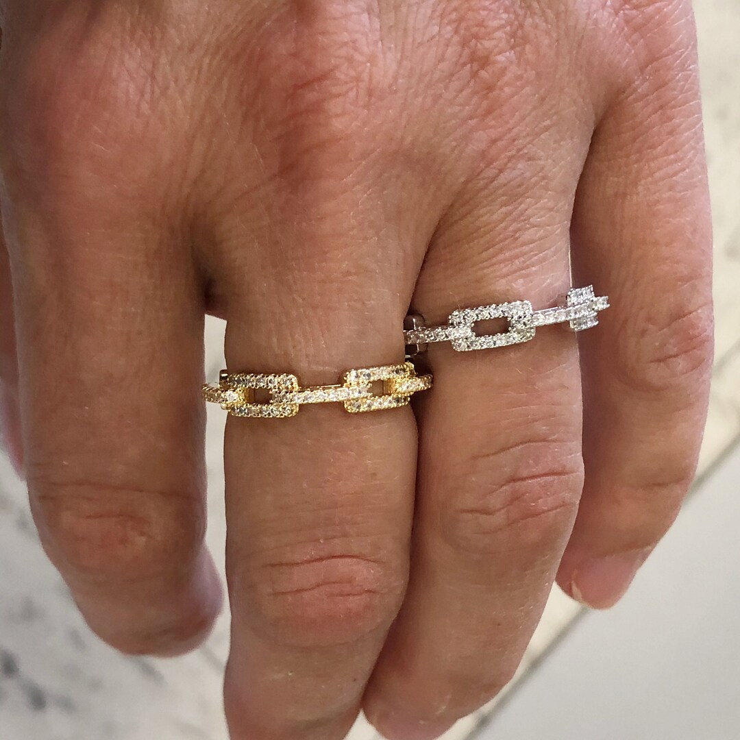 Adjustable 18K Gold Plated Paper Clip Chain Ring CZ Paved, Bohemian ...