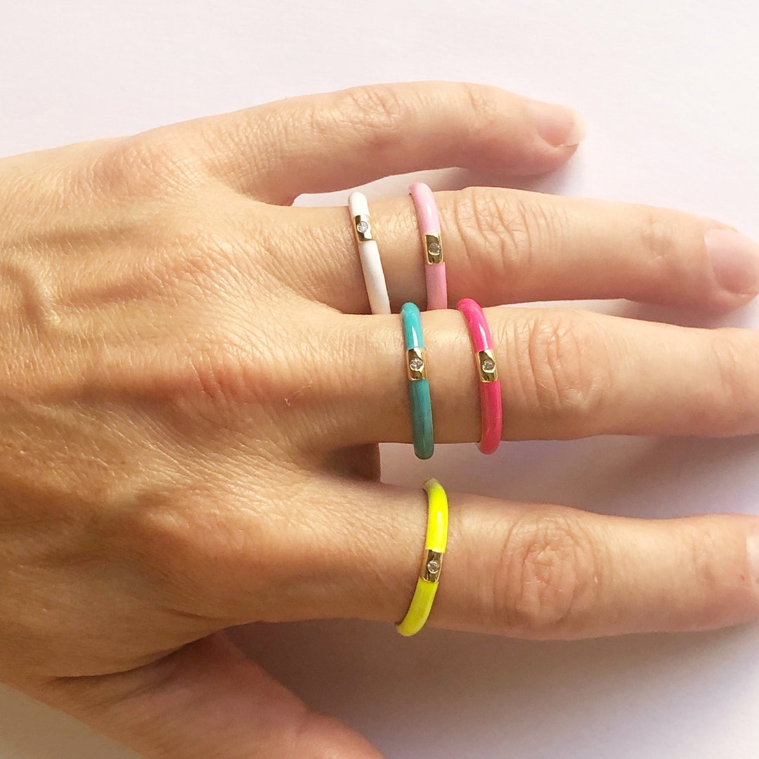 18K Gold Plated Enamel Ring, Enamel Band Ring, Gold Stacking Ring, Thin ...