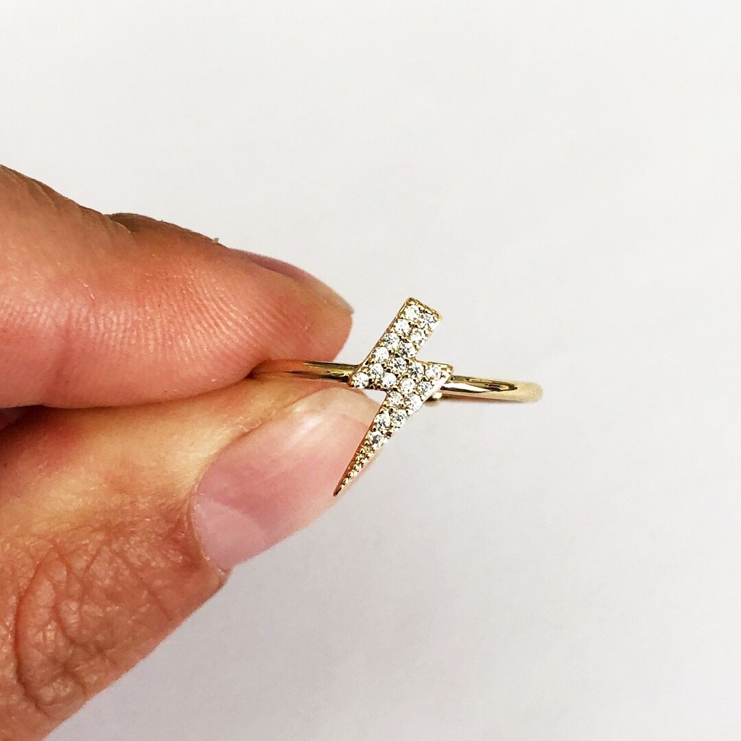 Adjustable 18K Gold Plated Lightning Bolt Ring CZ Paved, Lightning Ring ...