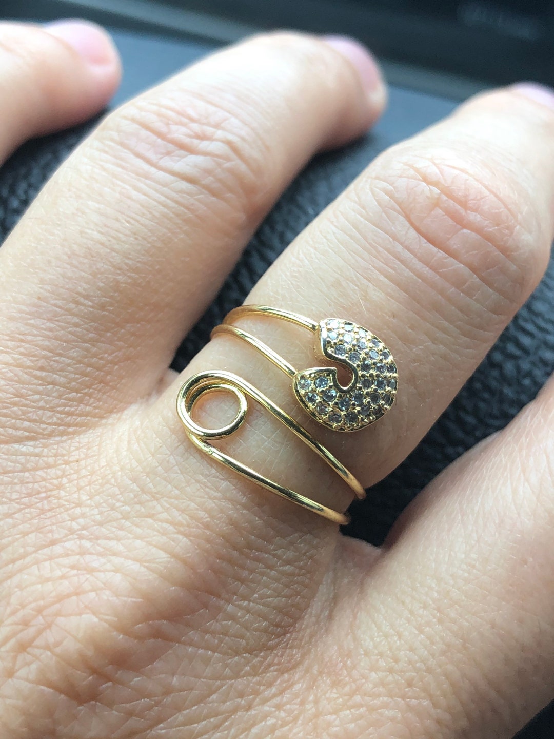 Adjustable 18K Gold Safety Pin Ring CZ Paved, Ring for Best Friend Gift ...