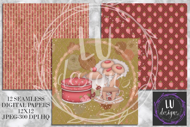 Tea Time Digital Papers Tea Party Backgrounds Strawberry Scrapbook ...