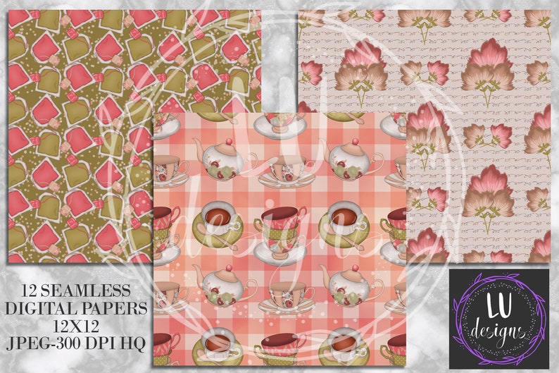 Tea Time Digital Papers Tea Party Backgrounds Strawberry Scrapbook ...