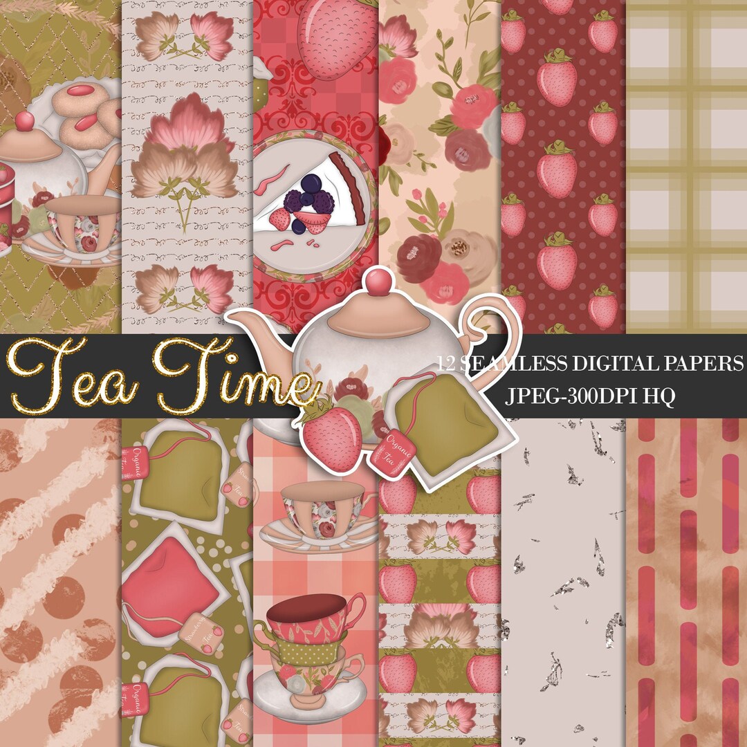 Tea Time Digital Papers Tea Party Backgrounds Strawberry Scrapbook ...