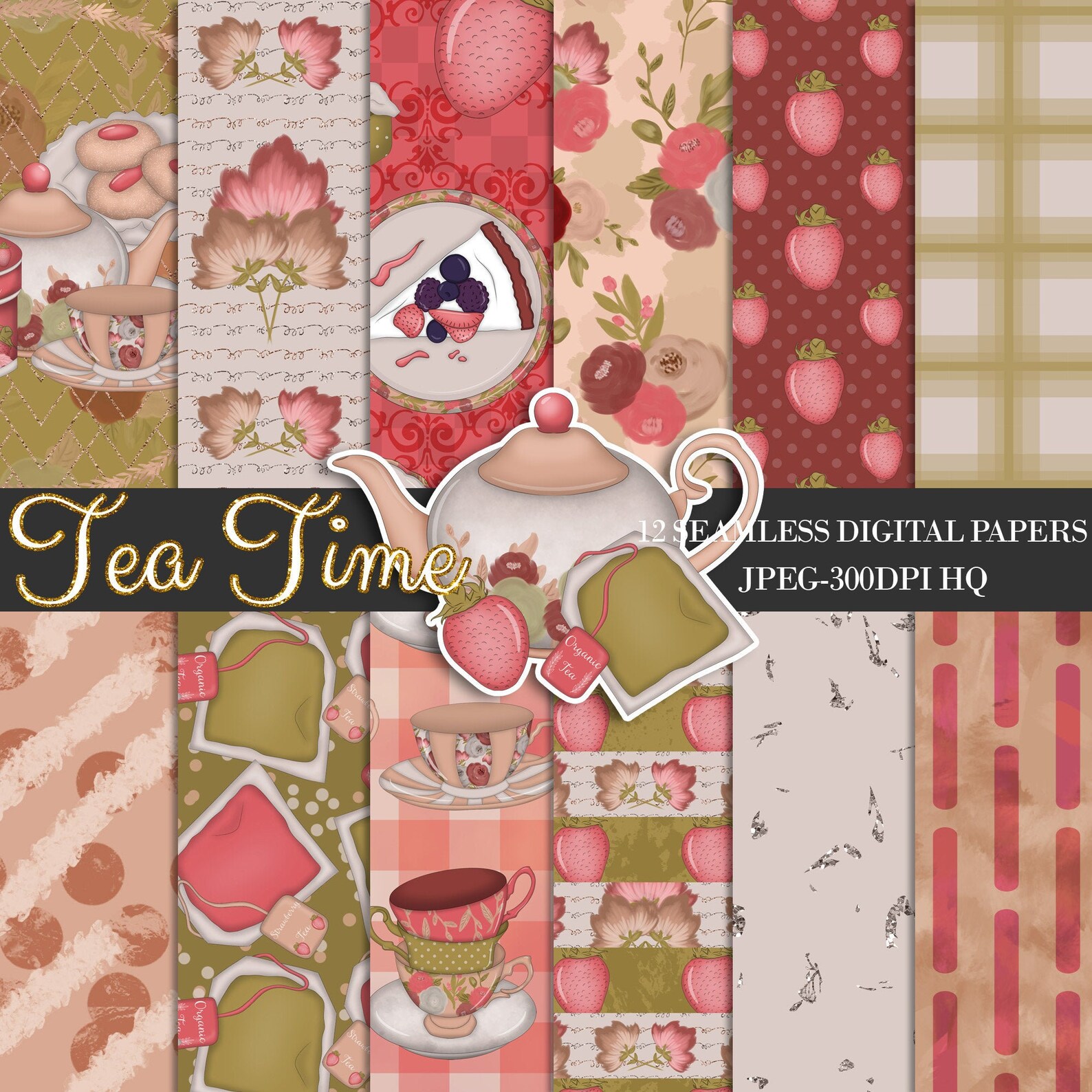 Tea Time Digital Papers Tea Party Backgrounds Strawberry Scrapbook ...