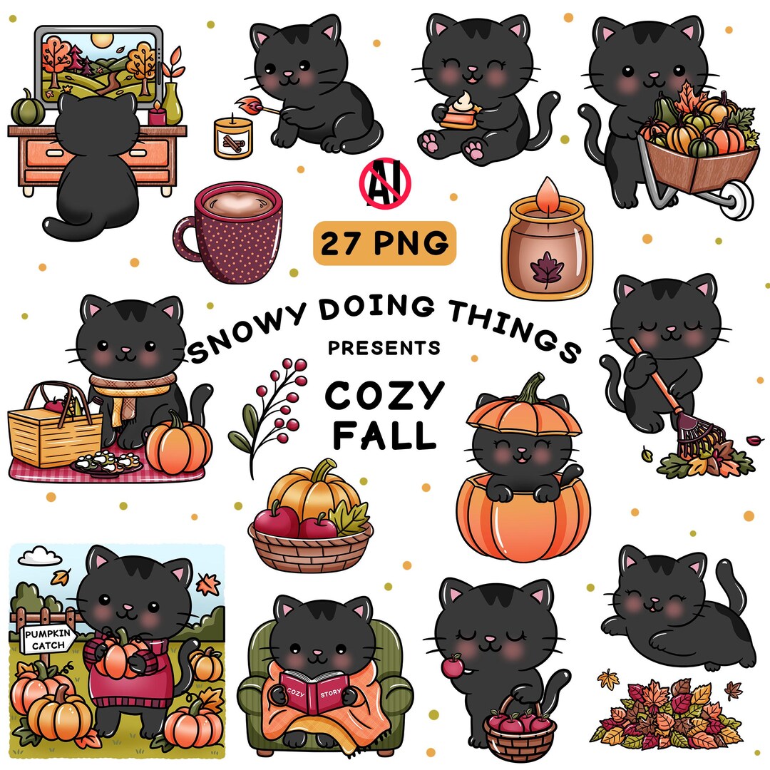 Cute Fall Cats Clipart, Cat Character Clipart, Autumn Activities PNG ...