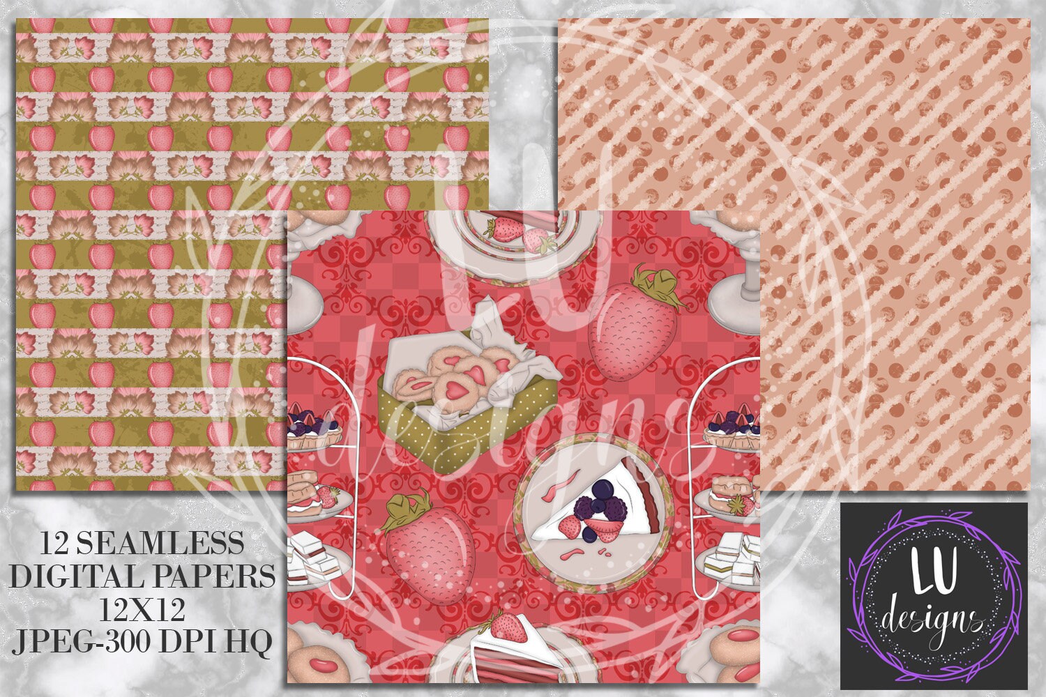Tea Time Digital Papers Tea Party Backgrounds Strawberry Scrapbook ...