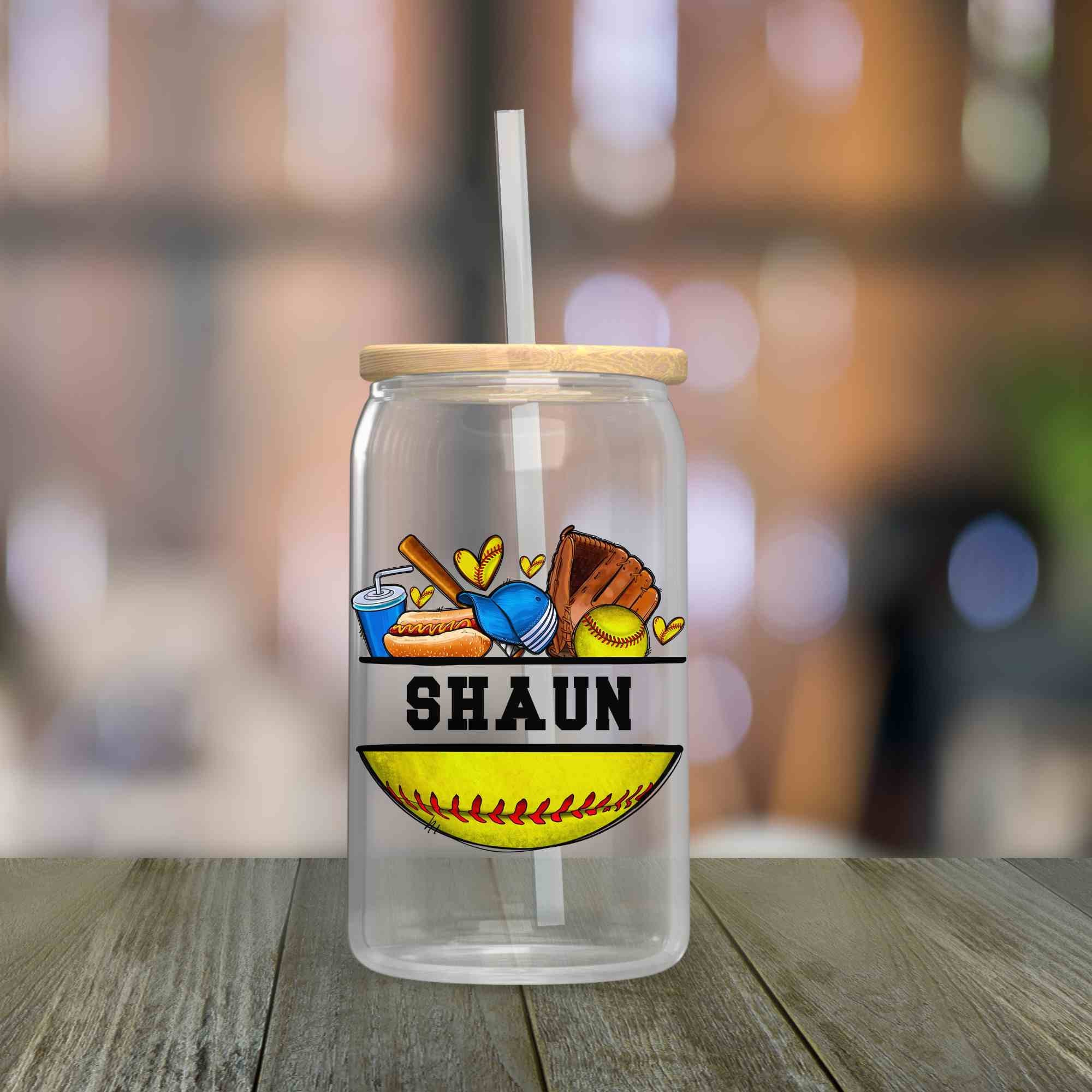 Personalized Softball Glass Tumbler With Bamboo Lid and Straw, Custom ...