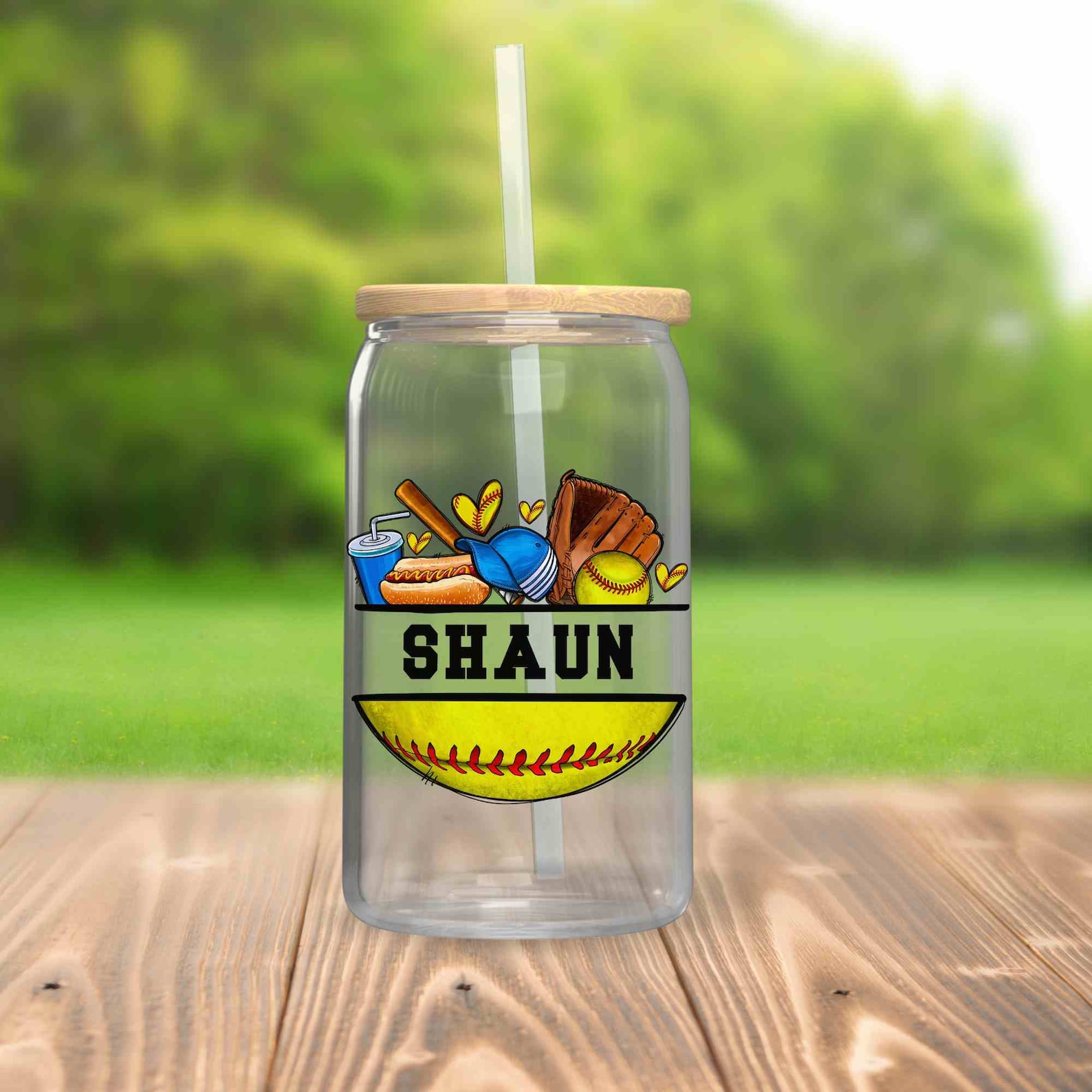 Personalized Softball Glass Tumbler With Bamboo Lid and Straw, Custom ...