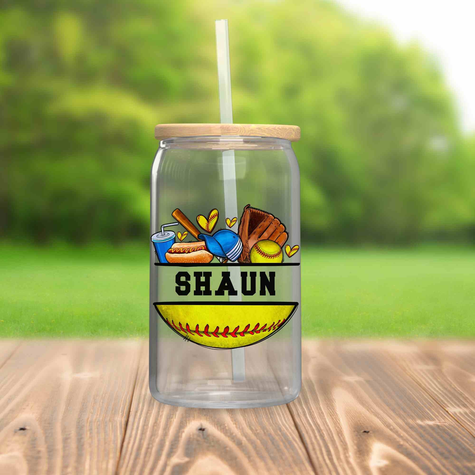 Personalized Softball Glass Tumbler With Bamboo Lid and Straw, Custom ...