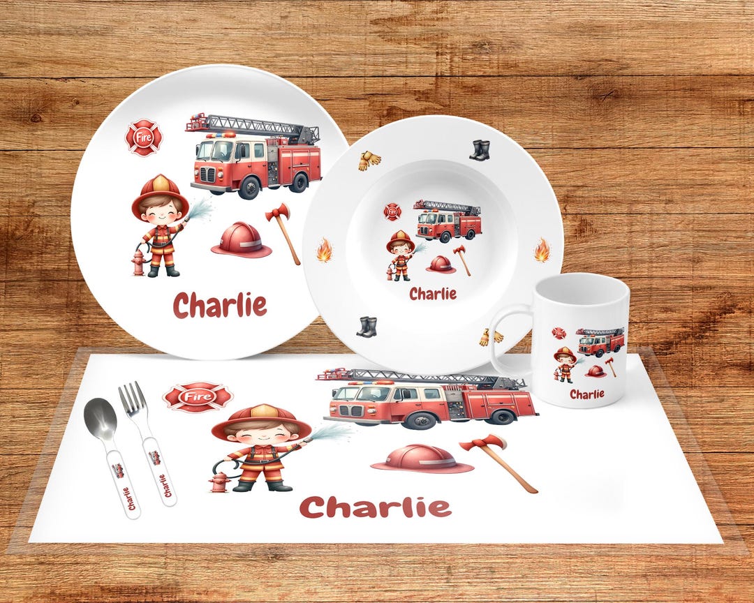 Personalized Firefighter Kids Dinnerware, Toddler Bowl Cup, Fire Truck ...
