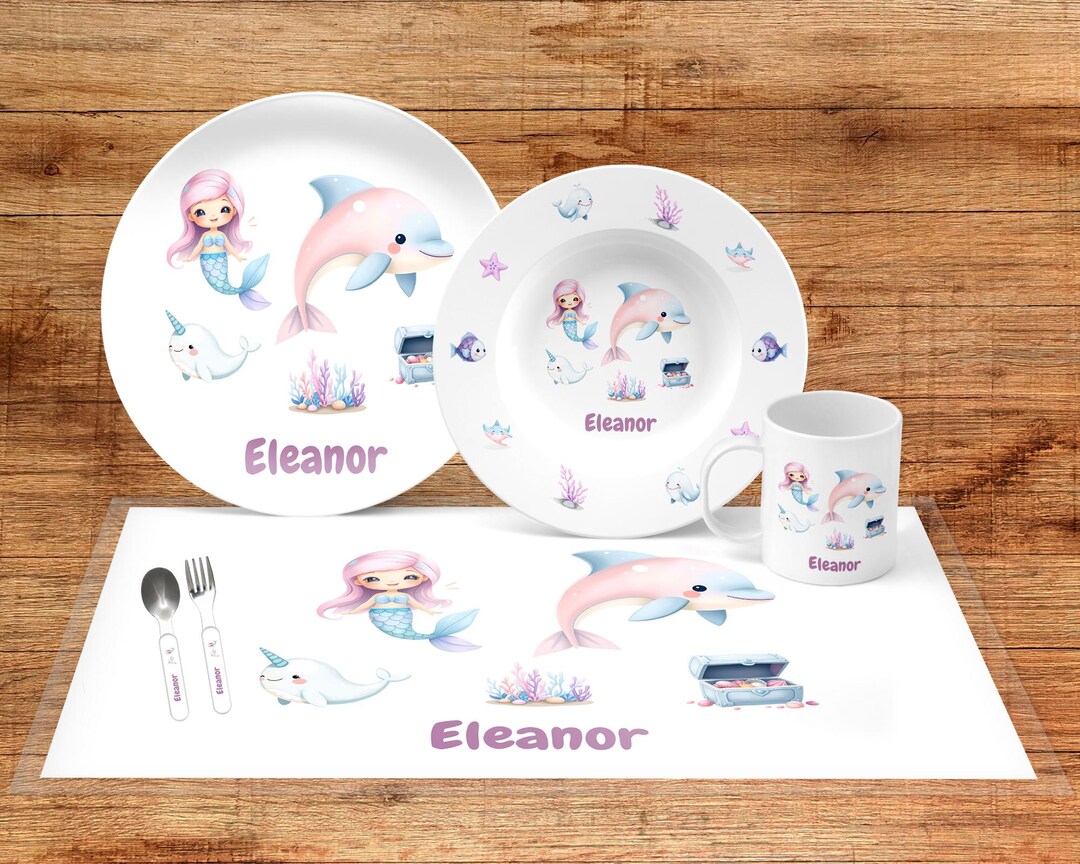 Personalized Mermaid Kids Dinnerware, Toddler Bowl Cup, Custom Mermaid ...